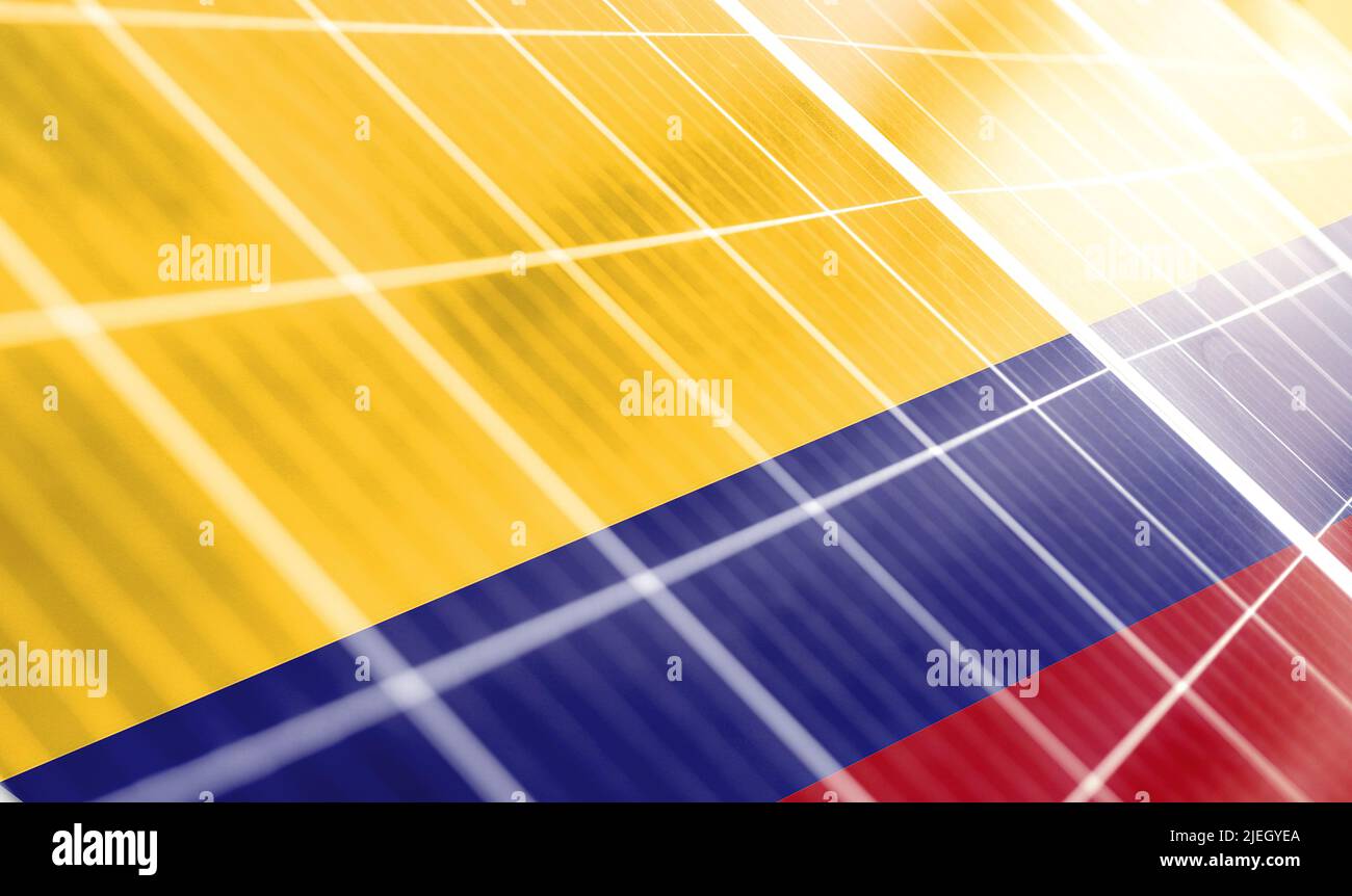 Solar panels on the background of the image of the flag of Colombia ...