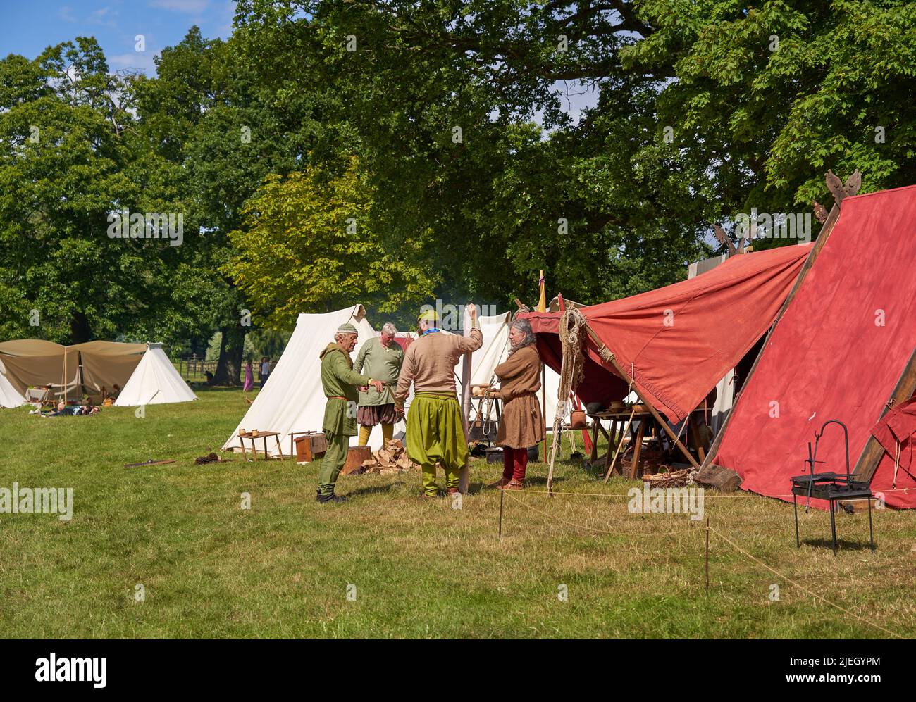 Anglo Saxon men in the encampment at the Viking festival, Derbyshire ...