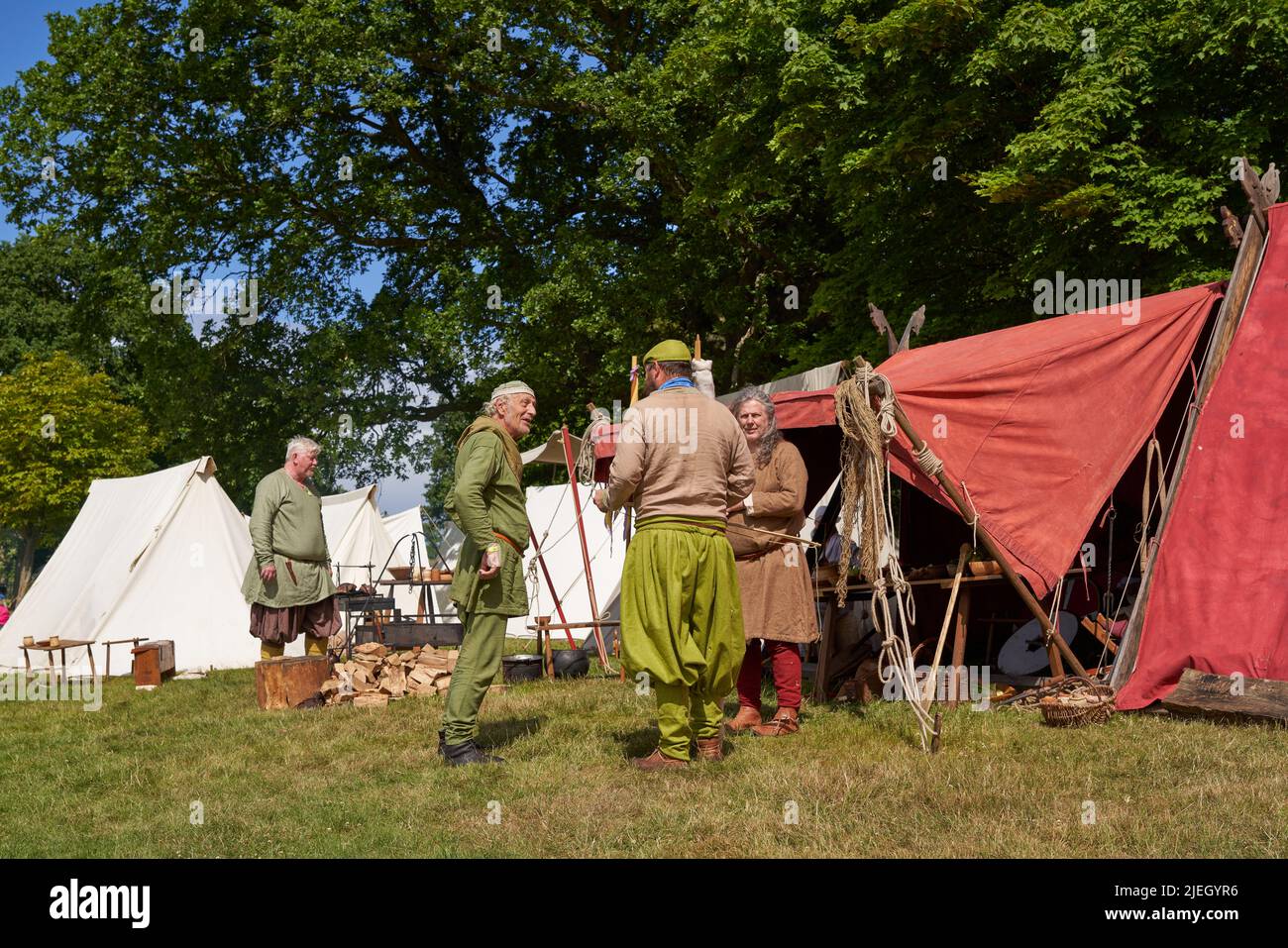 Anglo Saxon men in the encampment at the Viking festival, Derbyshire ...