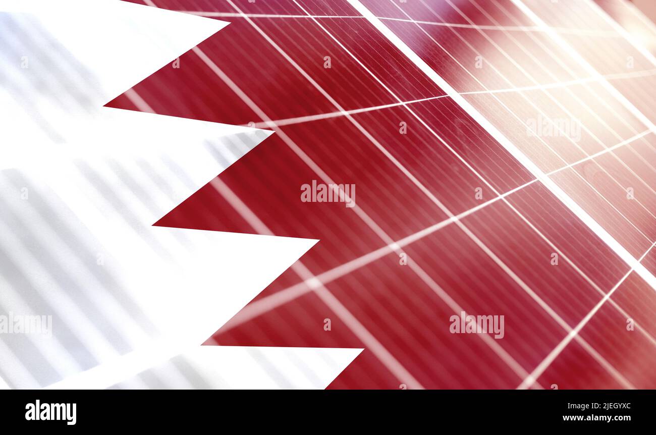 Solar panels on the background of the image of the flag of Bahrain ...