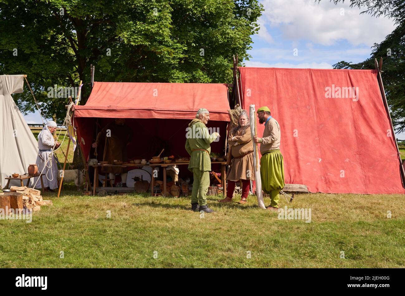 Anglo Saxon men in the encampment at the Viking festival, Derbyshire ...