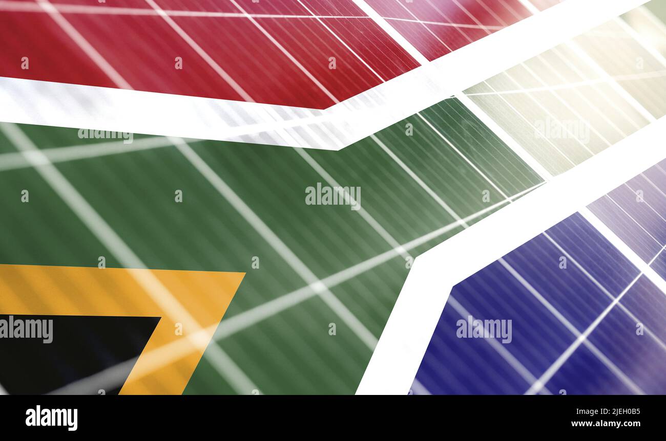 Solar panels on the background of the image of the flag of South Africa ...