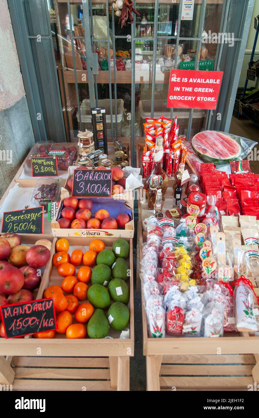 Budapest, Fruit and vegetable stall that also sells souvenirs and ...