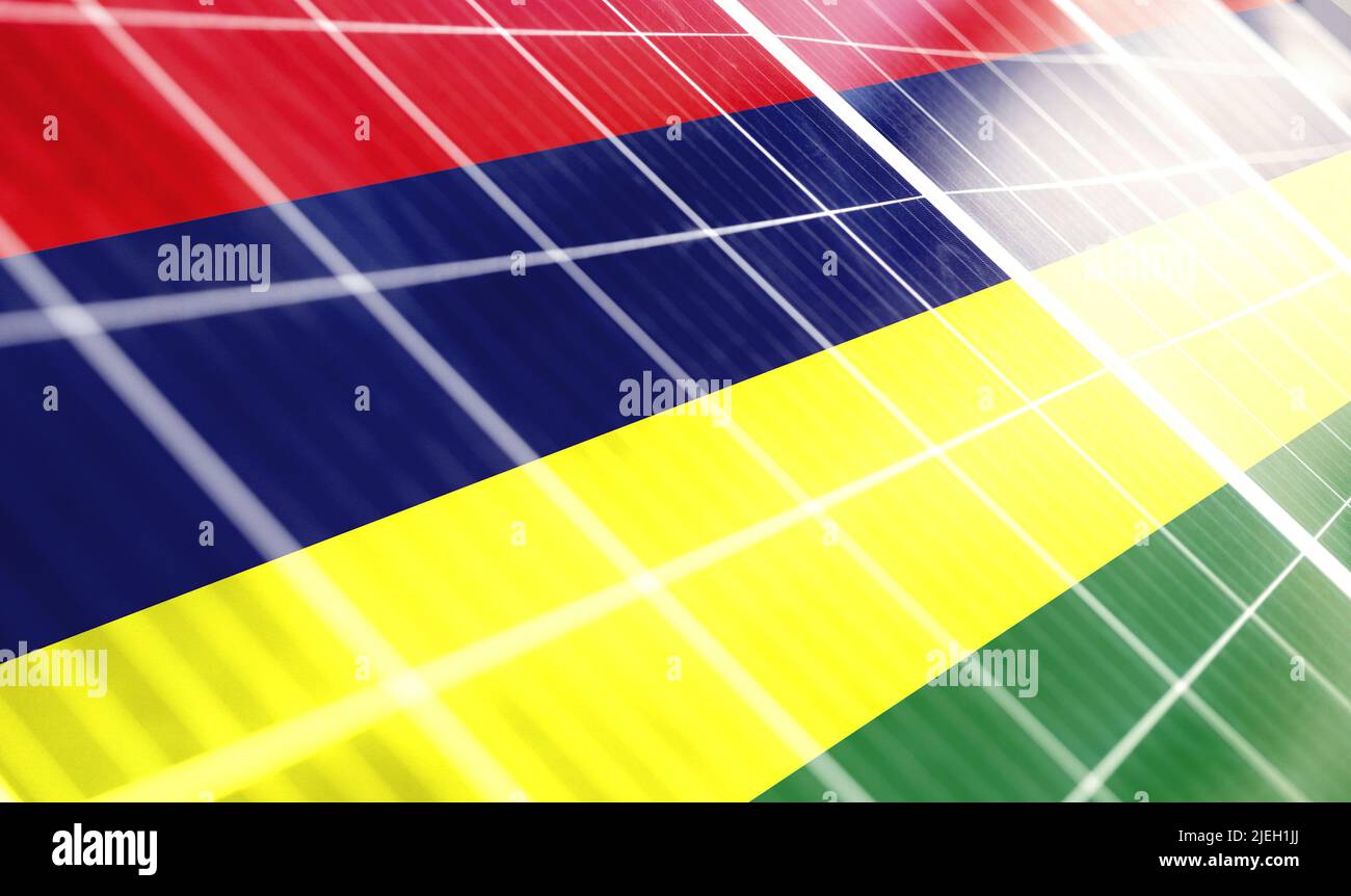 Solar panels on the background of the image of the flag of Mauritius ...