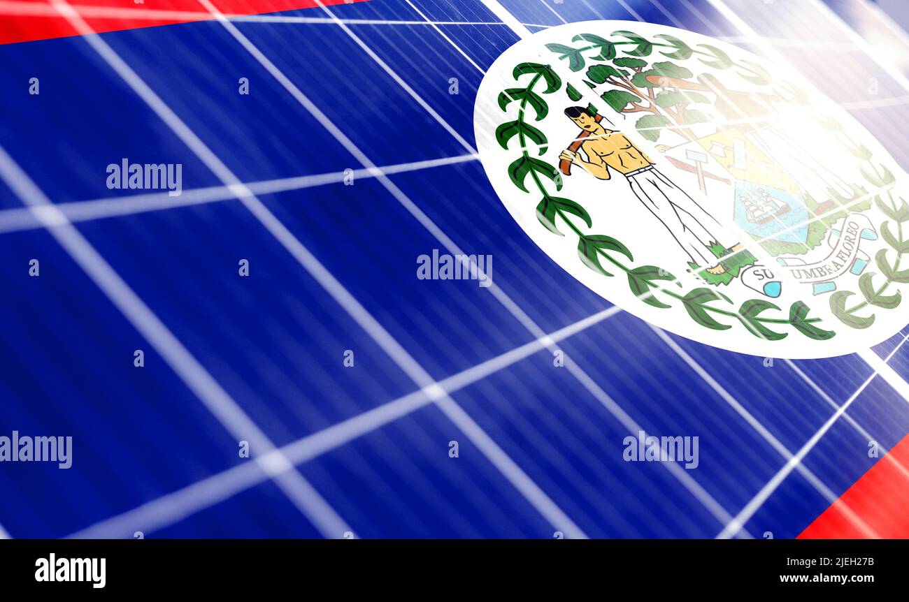 Solar panels on the background of the image of the flag of Belize Stock ...