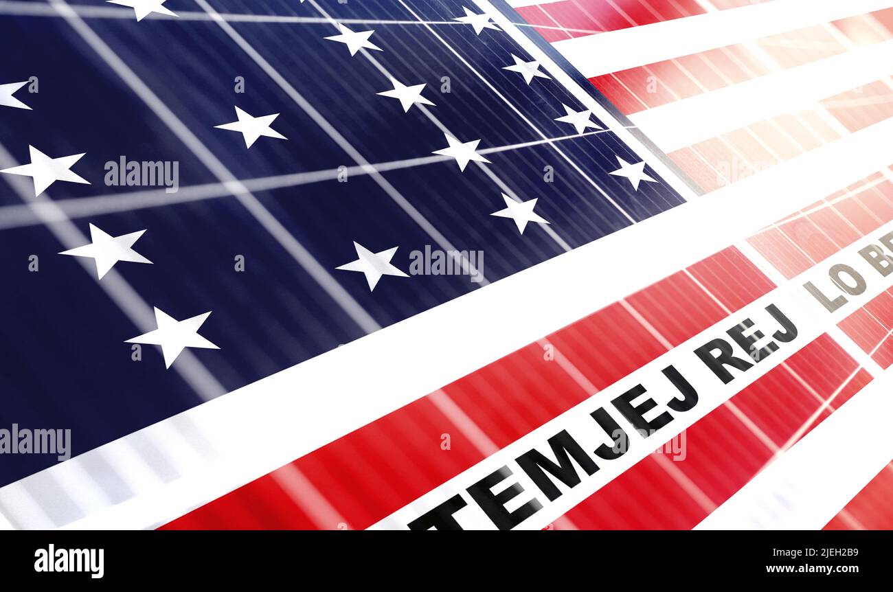 Solar panels on the background of the image of the flag of Bikini Atoll ...