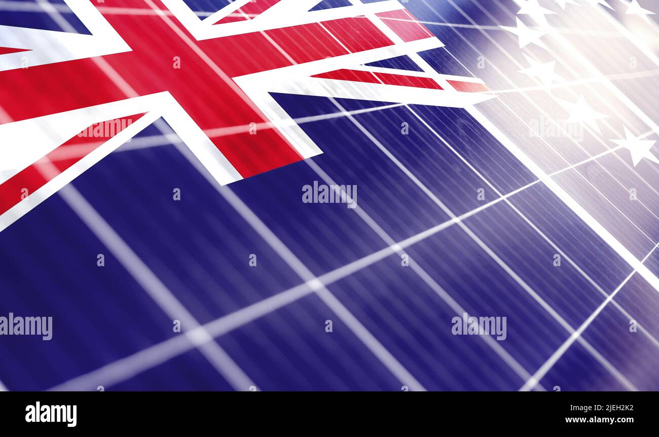 Solar panels on the background of the image of the flag of Cook Islands ...