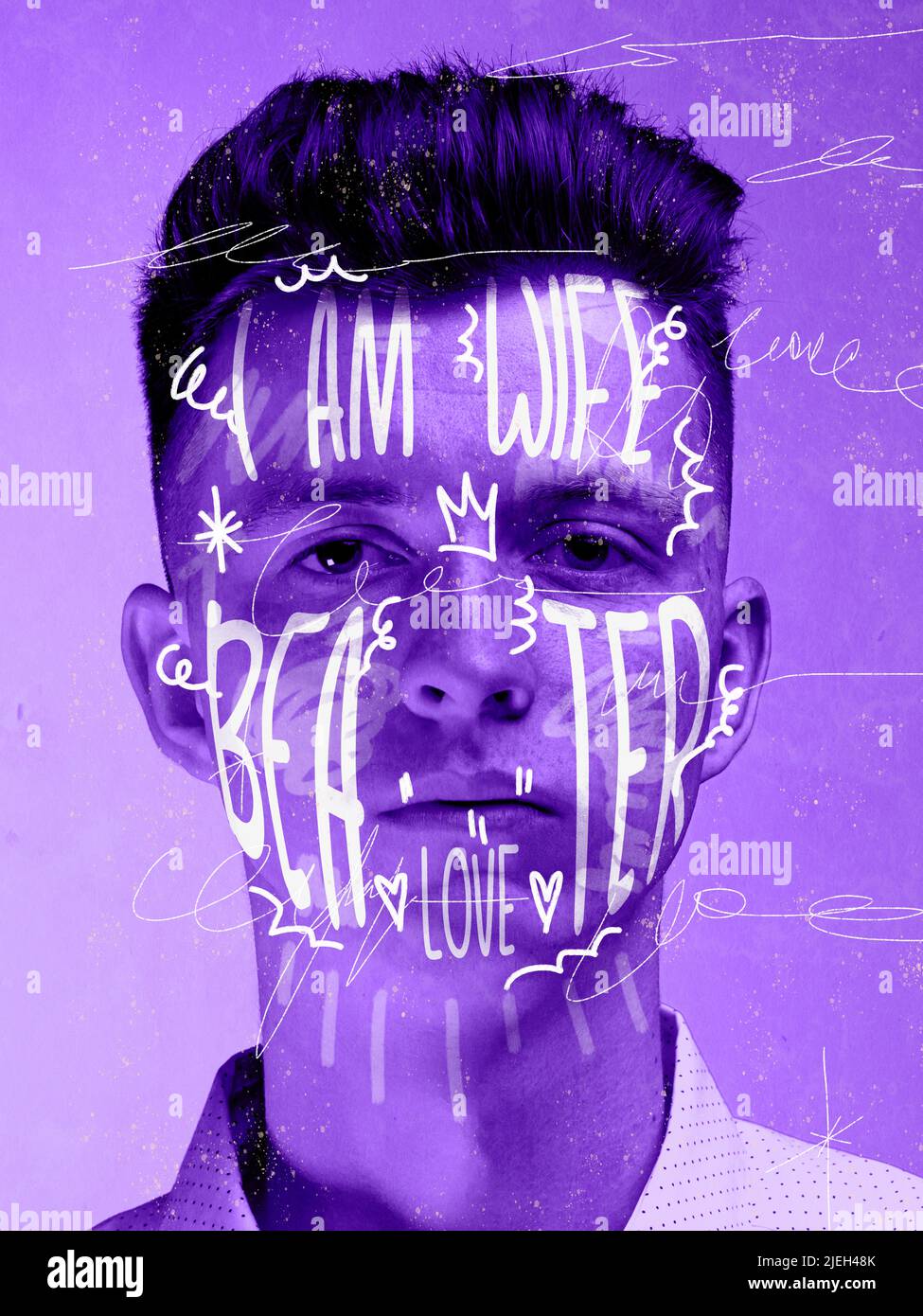 Contemporary artwork. Conceptual portrait of young man with words ...