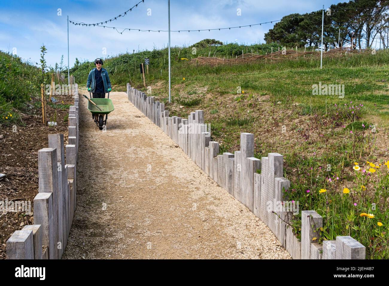 A volunteer pushing a wheelbarrow along a path in Newquay Orchard a ...