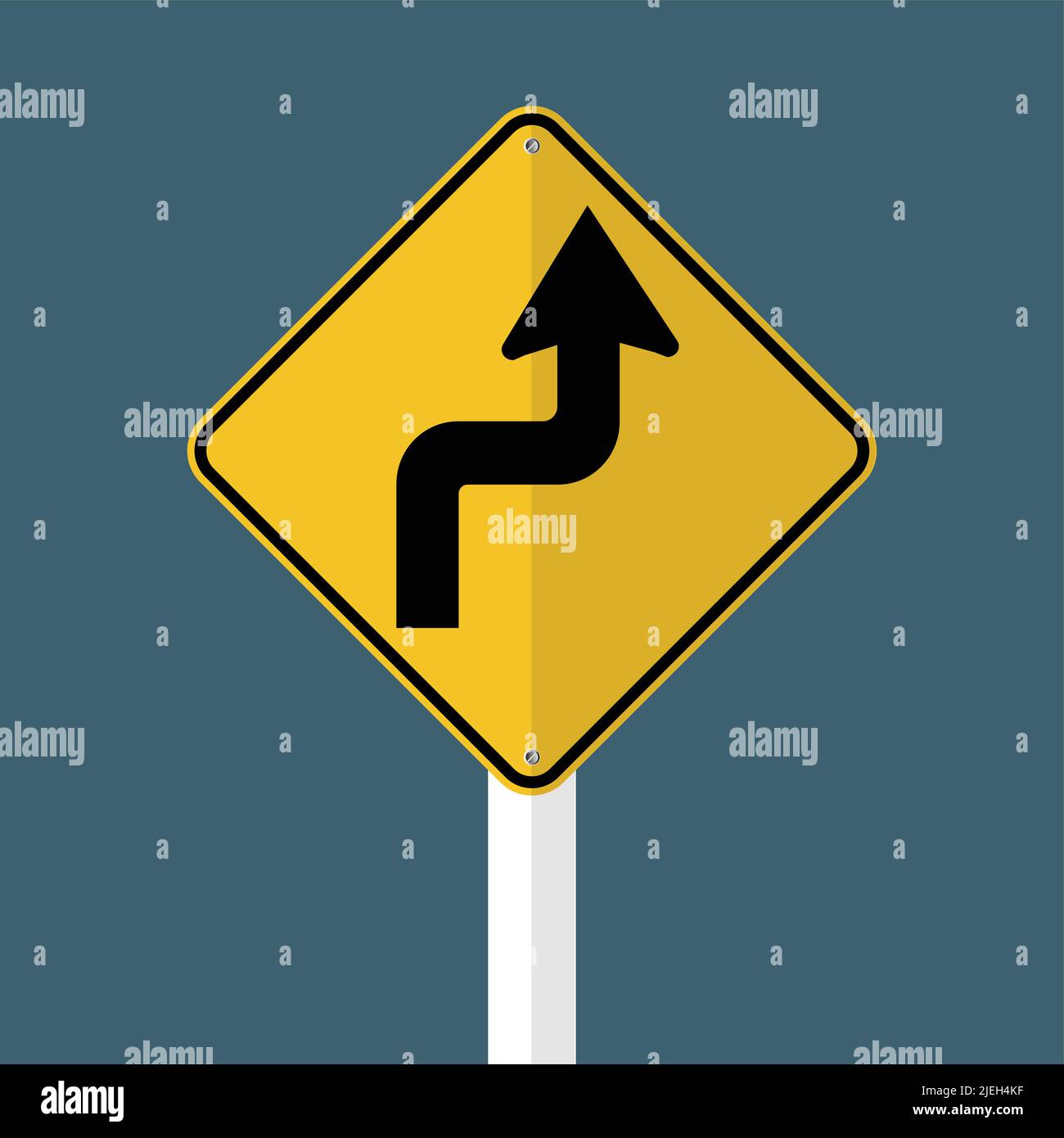 Curves ahead Right Traffic Road Sign isolated on grey sky background ...