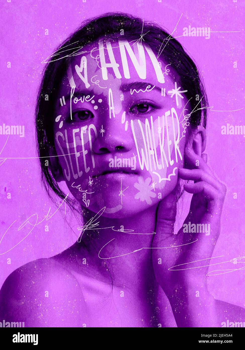 Poster graphics with young girl's portrait with lettering expressing ...