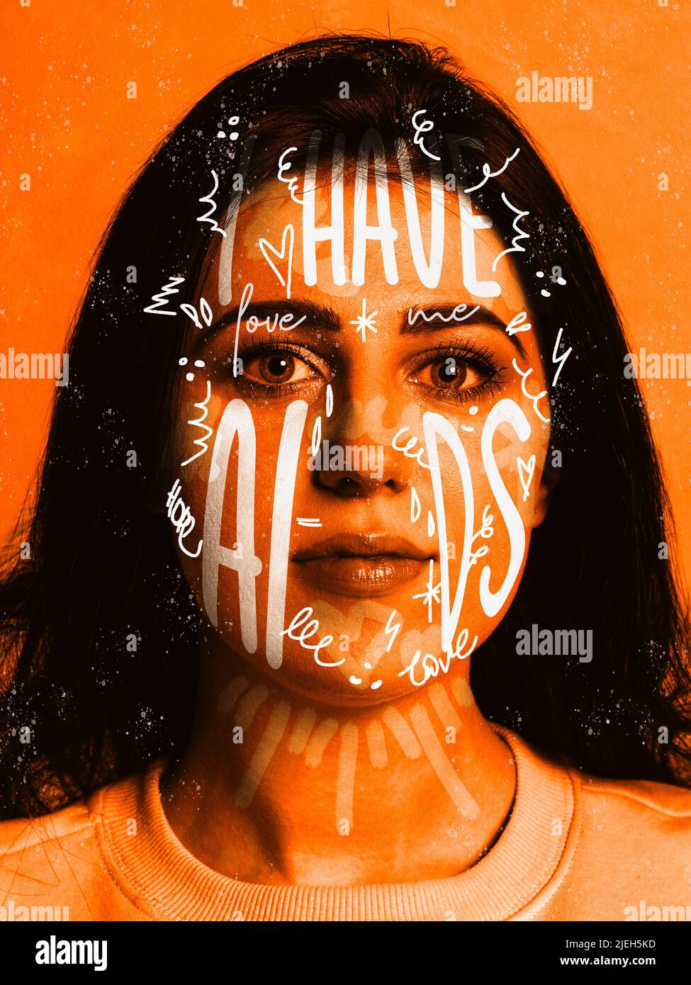 Eccentric young girl's portrait with white lettering expressing mental ...