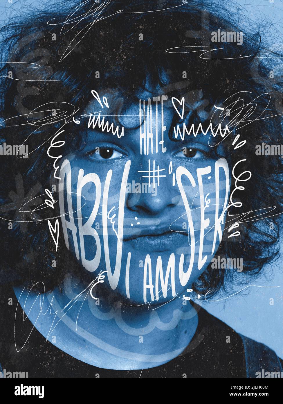 Contemporary artwork. Conceptual portrait of young man with words ...