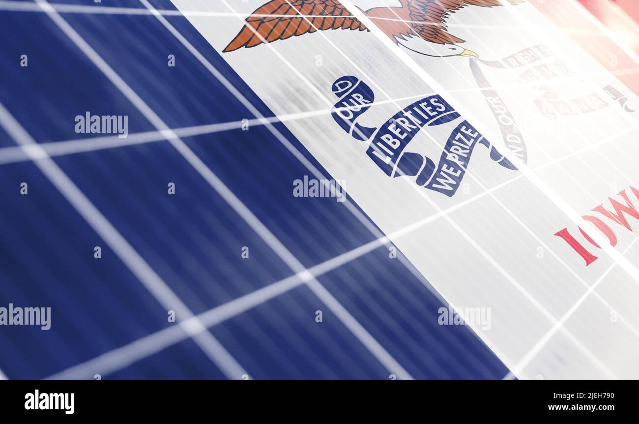 Solar panels on the background of the image of the flag of State of ...