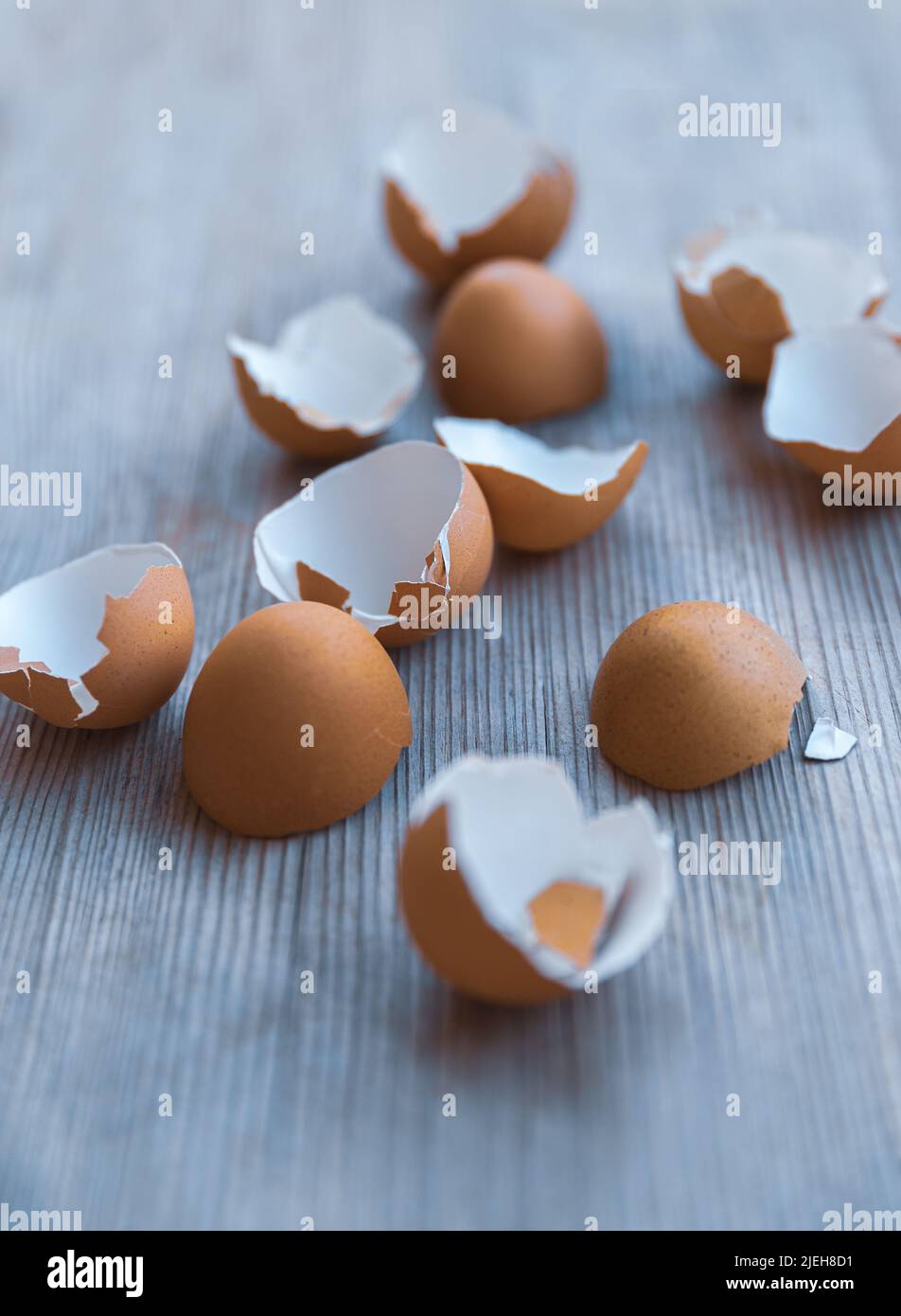 Closeup Photo of a Egg Shells over Wood Table Background. Waste ...