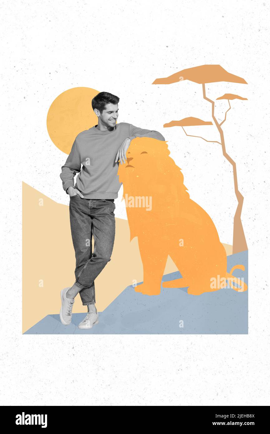 Photo artwork minimal collage of funny funky guy enjoying animal safari ...