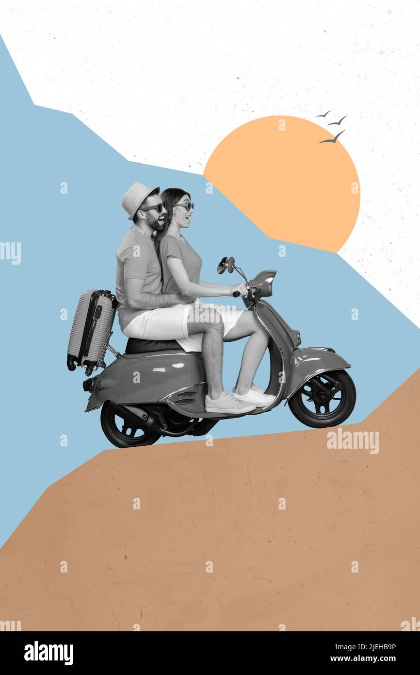 Collage 3d image of pinup pop retro sketch image of couple riding moped ...