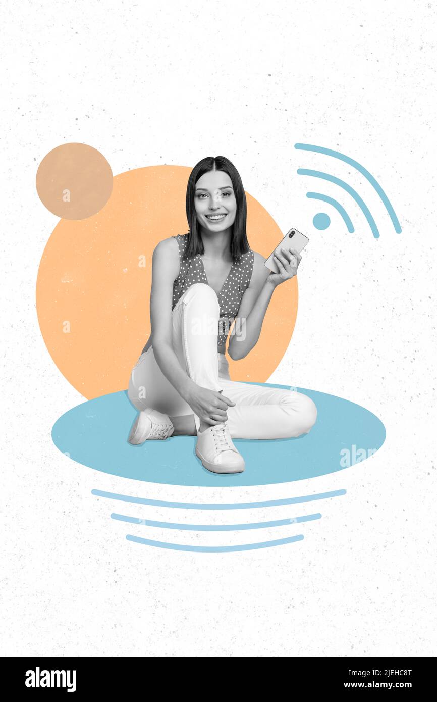 Pinup collage template of black white filter lady use gadget search ...