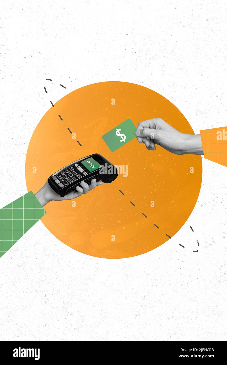 Creative sketch collage of two palms client pay deposit card marketing ...