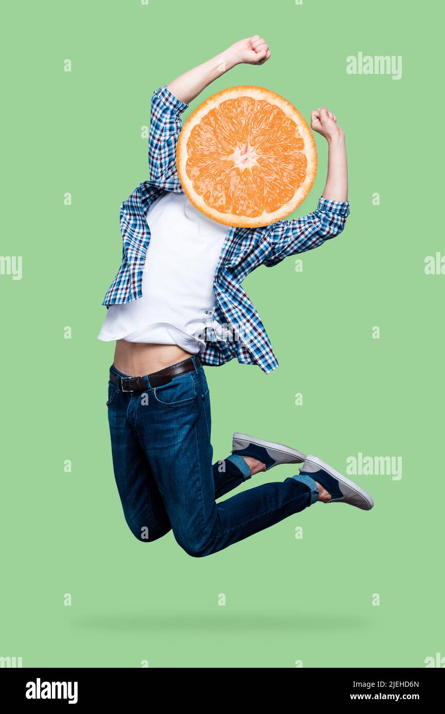 Collage template photo of excited guy with mandarin face jump high fist ...
