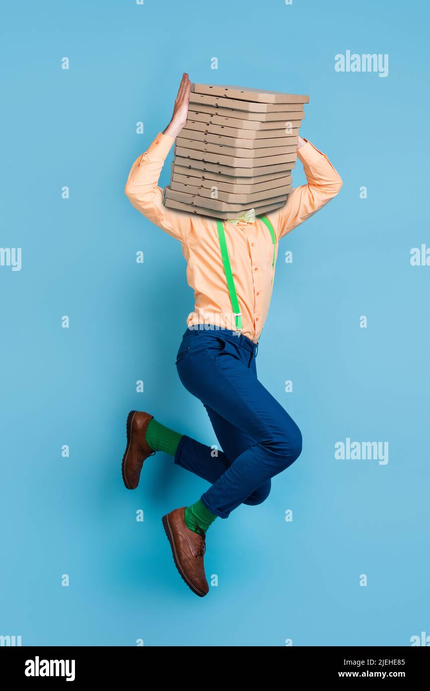 Photo collage of handsome guy with pizza box stack face jump several ...