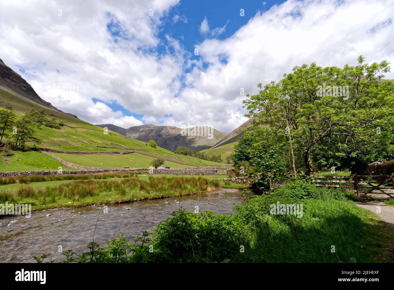 Mosedale Beck flowing through the rugged countryside at Wasdale Head on ...