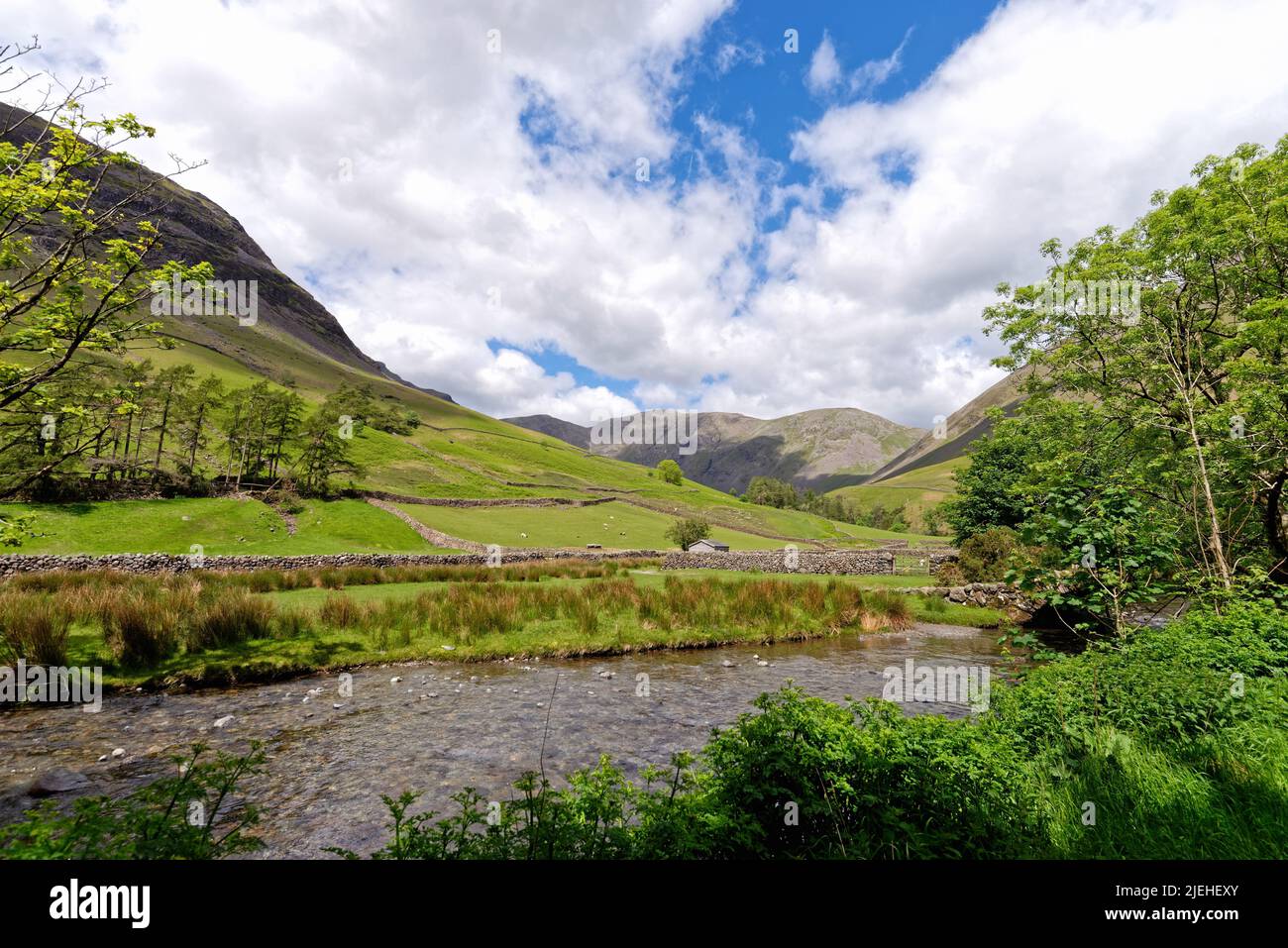 Mosedale Beck flowing through the rugged countryside at Wasdale Head on ...