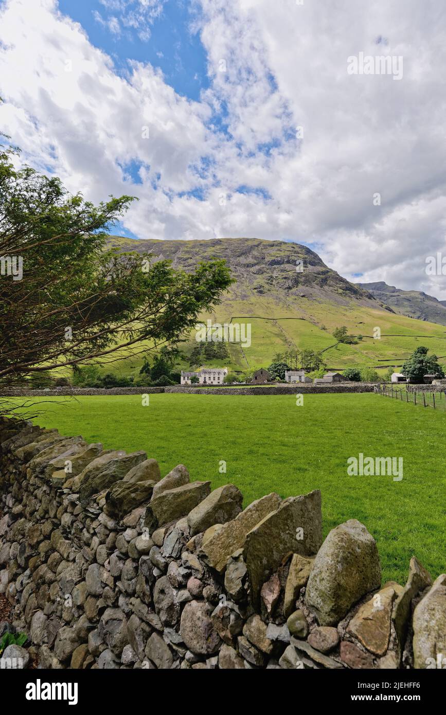 The remote countryside at Wasdale Head with the famous Inn surrounded ...