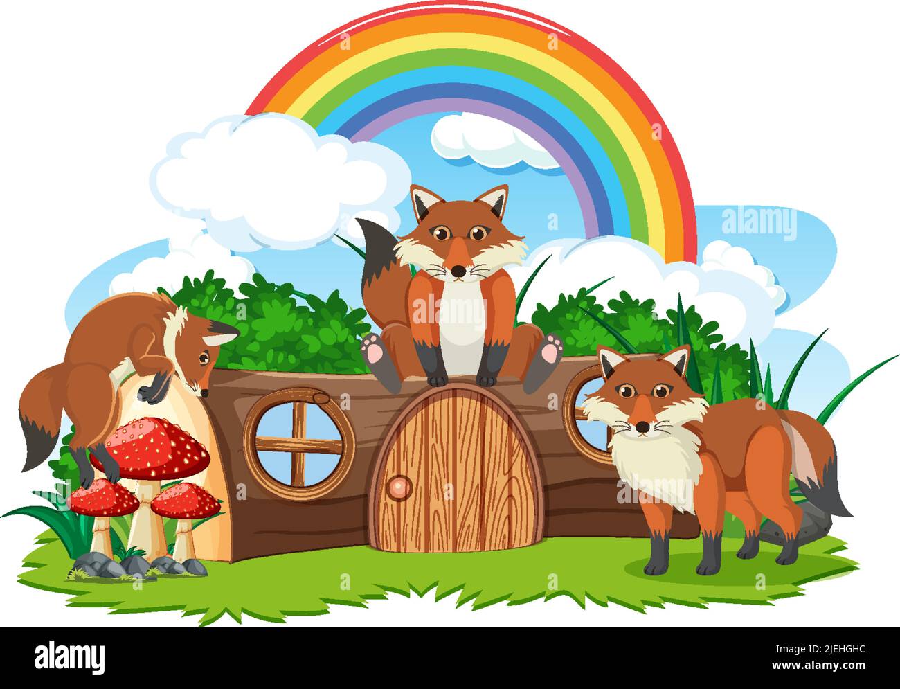 Fox group with mushroom house illustration Stock Vector Image & Art - Alamy