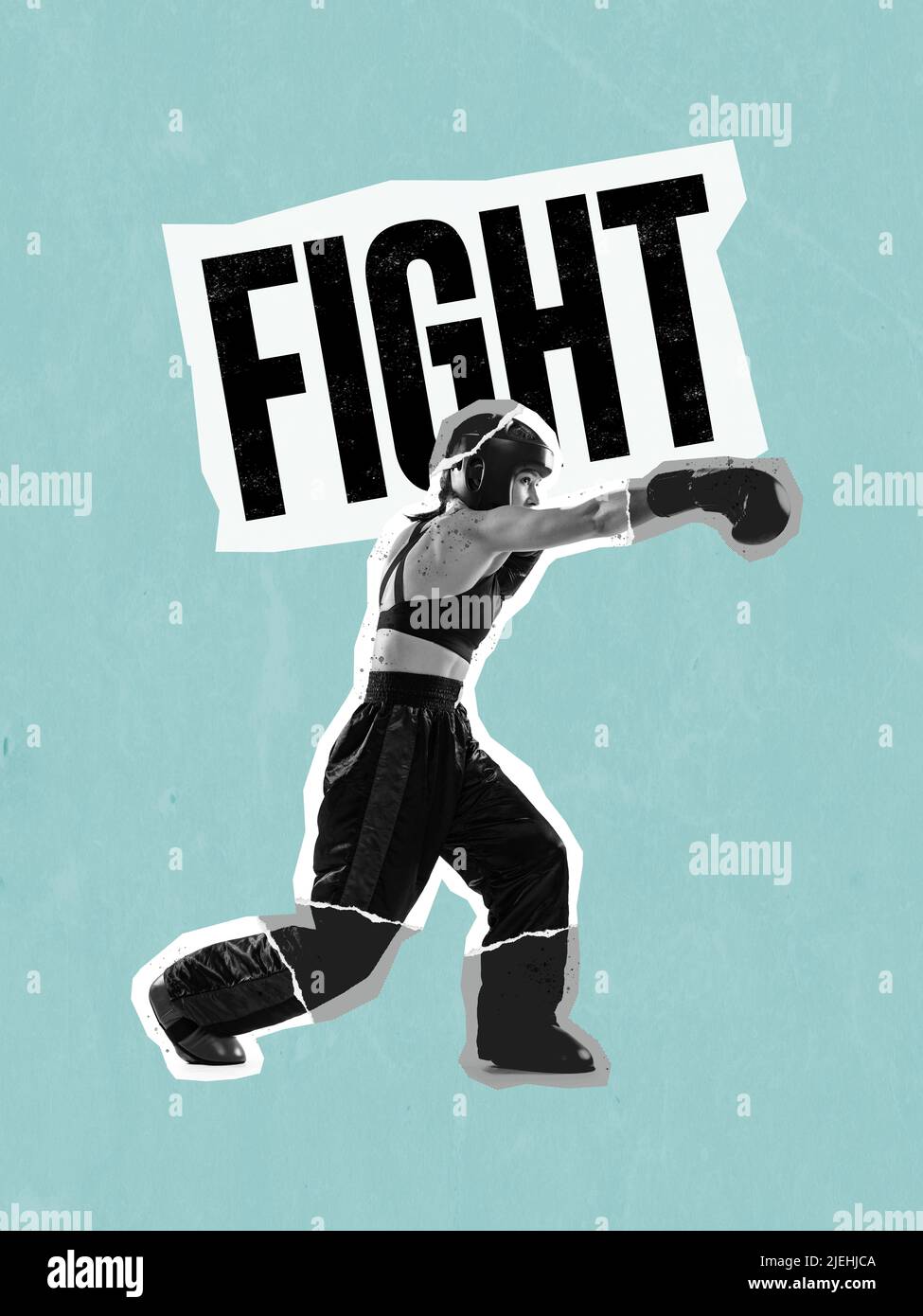 Young female kickboxing fighter training on blue background with huge ...