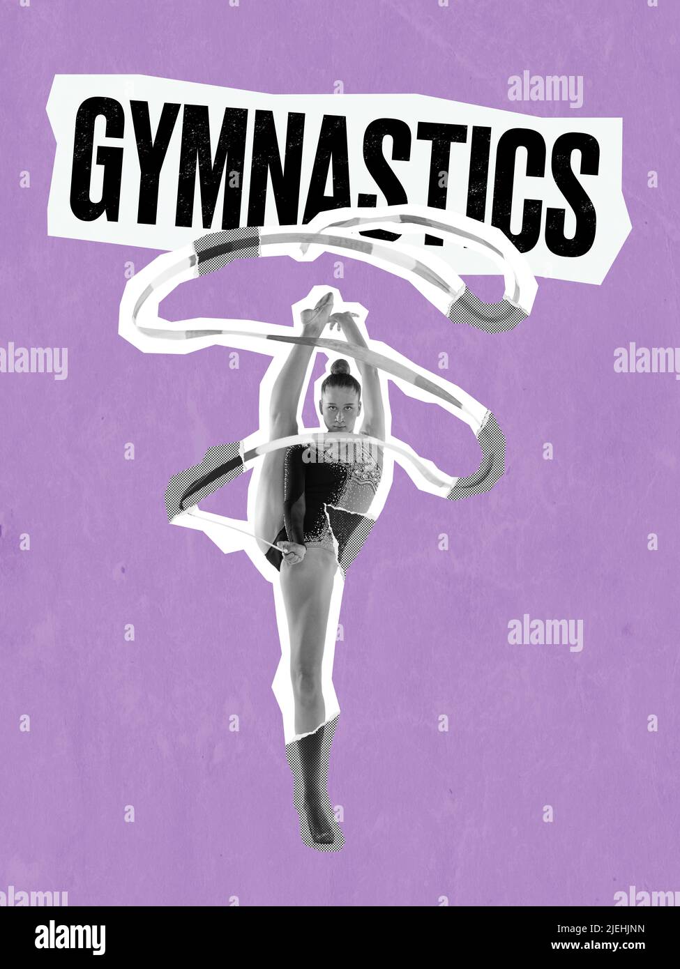 Flexible rhythm gymnast with ribbon over lilac color background with ...