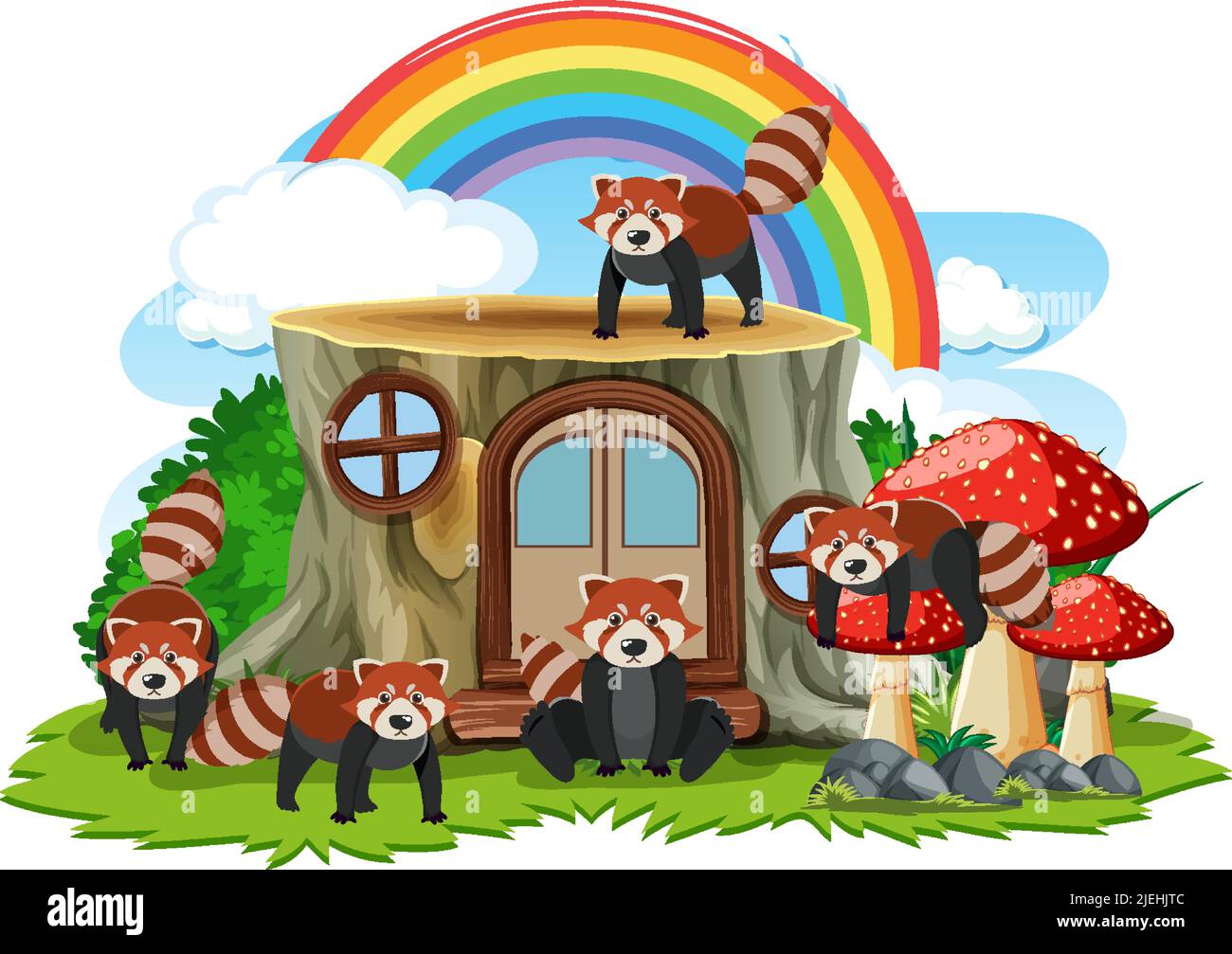 Red panda group with stump house illustration Stock Vector Image & Art ...
