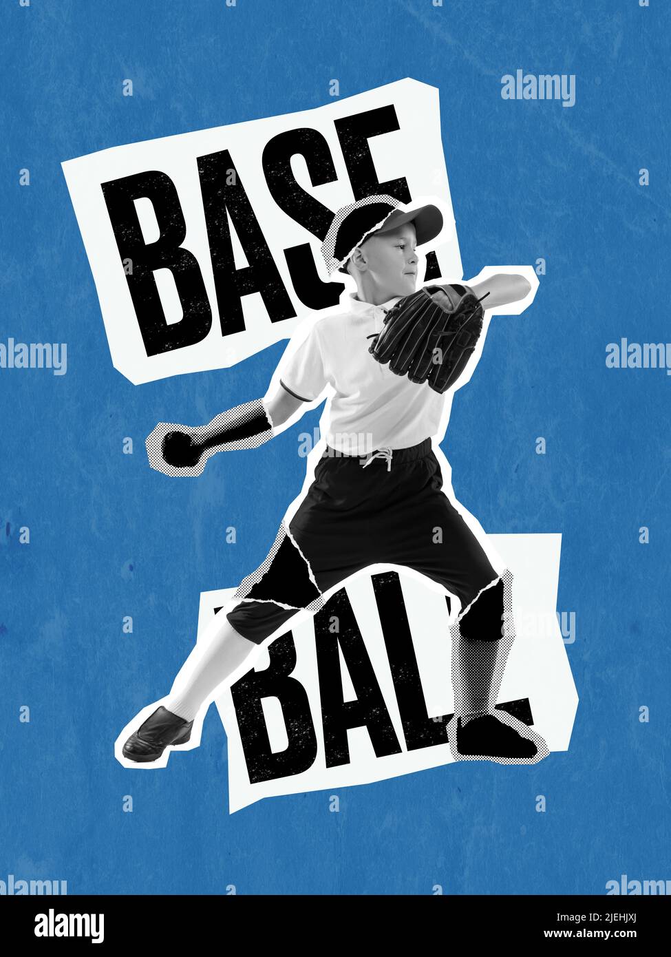 Little boy, baseball player, pitcher in blue-white uniform training ...