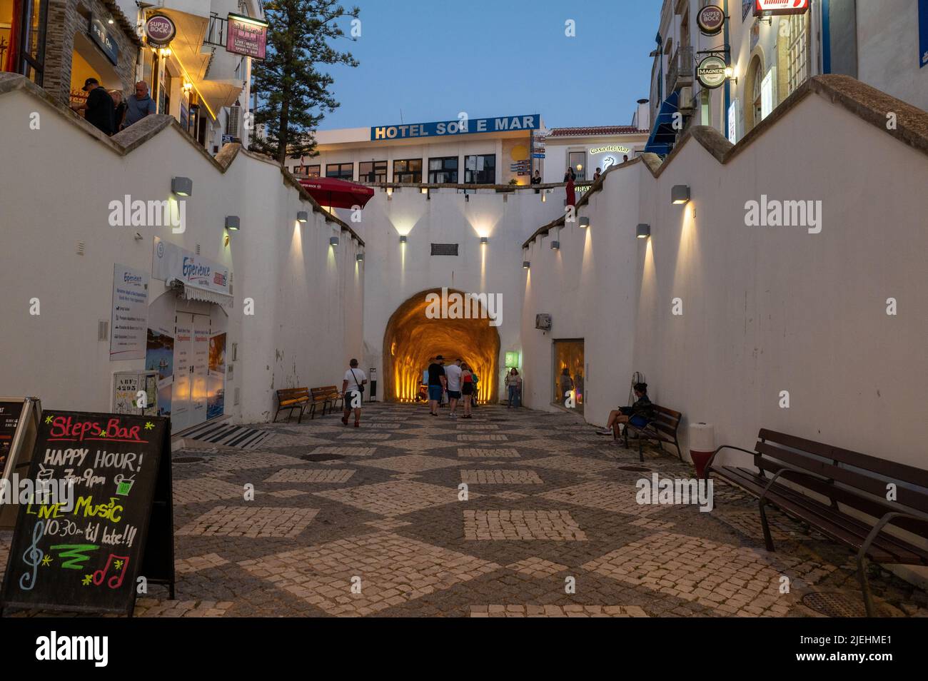 Albufeira, Portugal. 2022 May 12. Night panorama of the tourist city of ...