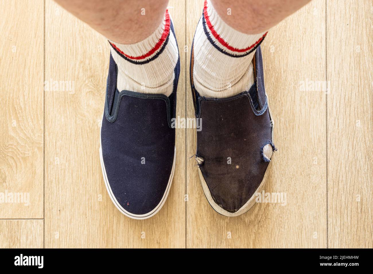 Stark comparison - blue and white shoes - new versus old and worn ...