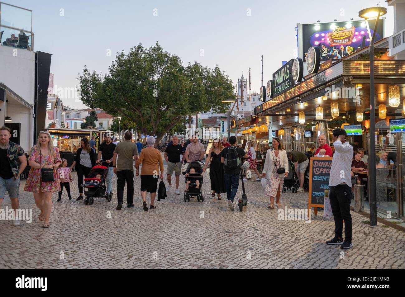 Albufeira, Portugal. 2022 May 12. Night panorama of the tourist city of ...