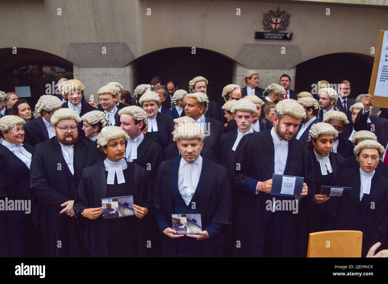 London, UK. 27th June 2022. Criminal barristers gathered outside the ...