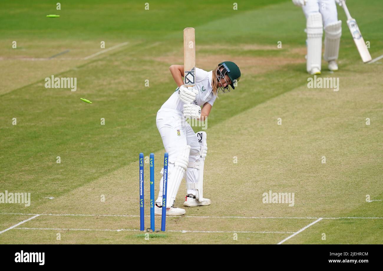 South Africa's Andrie Steyn is bowled by England's Kate Cross during ...