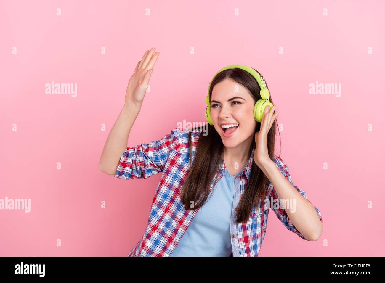 Photo of overjoyed delighted lady look empty space dancing big music ...