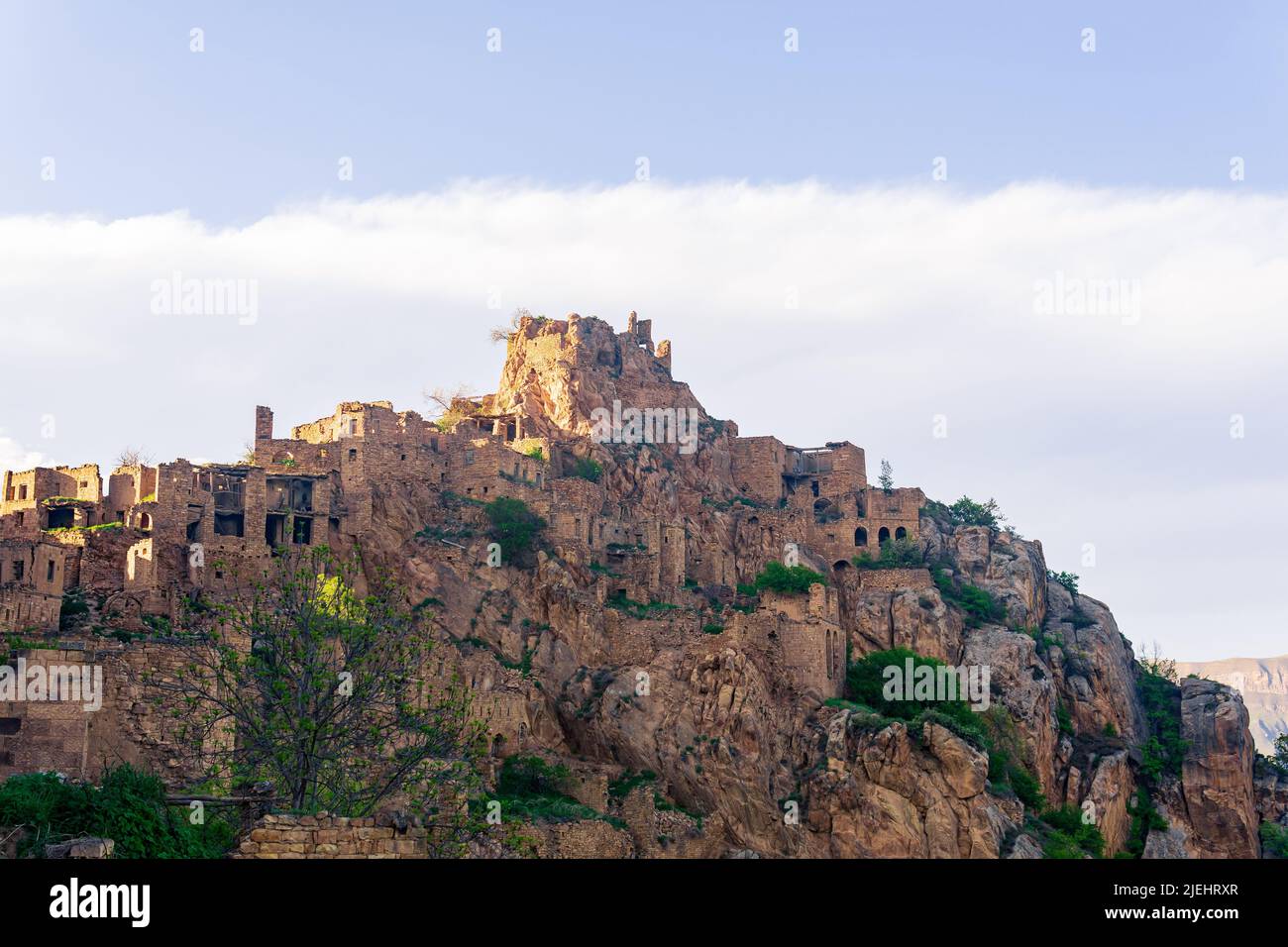 evening view of the abandoned village (aul) Gamsutl on top of a ...