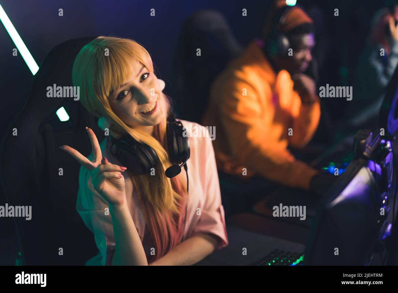 Cyber space concept. Young caucasian beautiful gamer girl with long ...