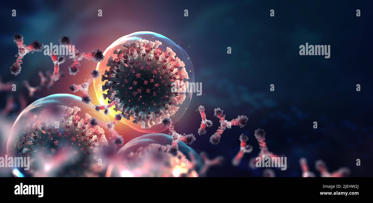 Virus under microscope. Antibodies and viral infection. Immune defense ...