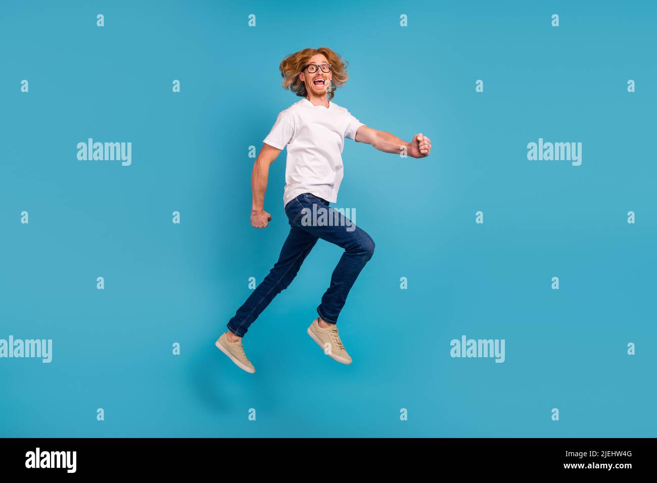 Full length photo of overjoyed active person jumping rush fast have ...