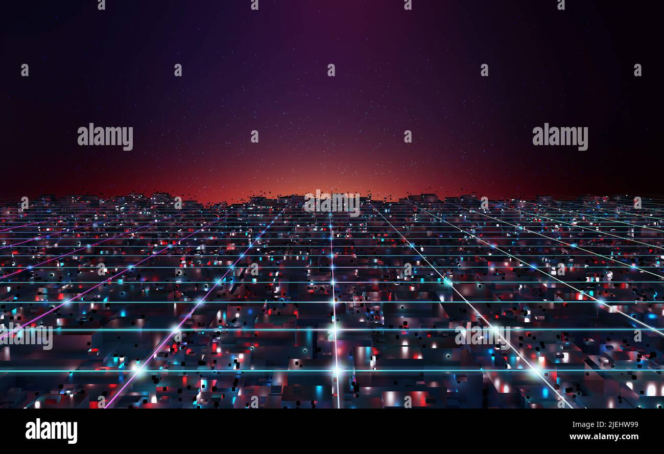 Cyberpunk Digital city. Global Cyberspace. 3D illustration of wireless ...