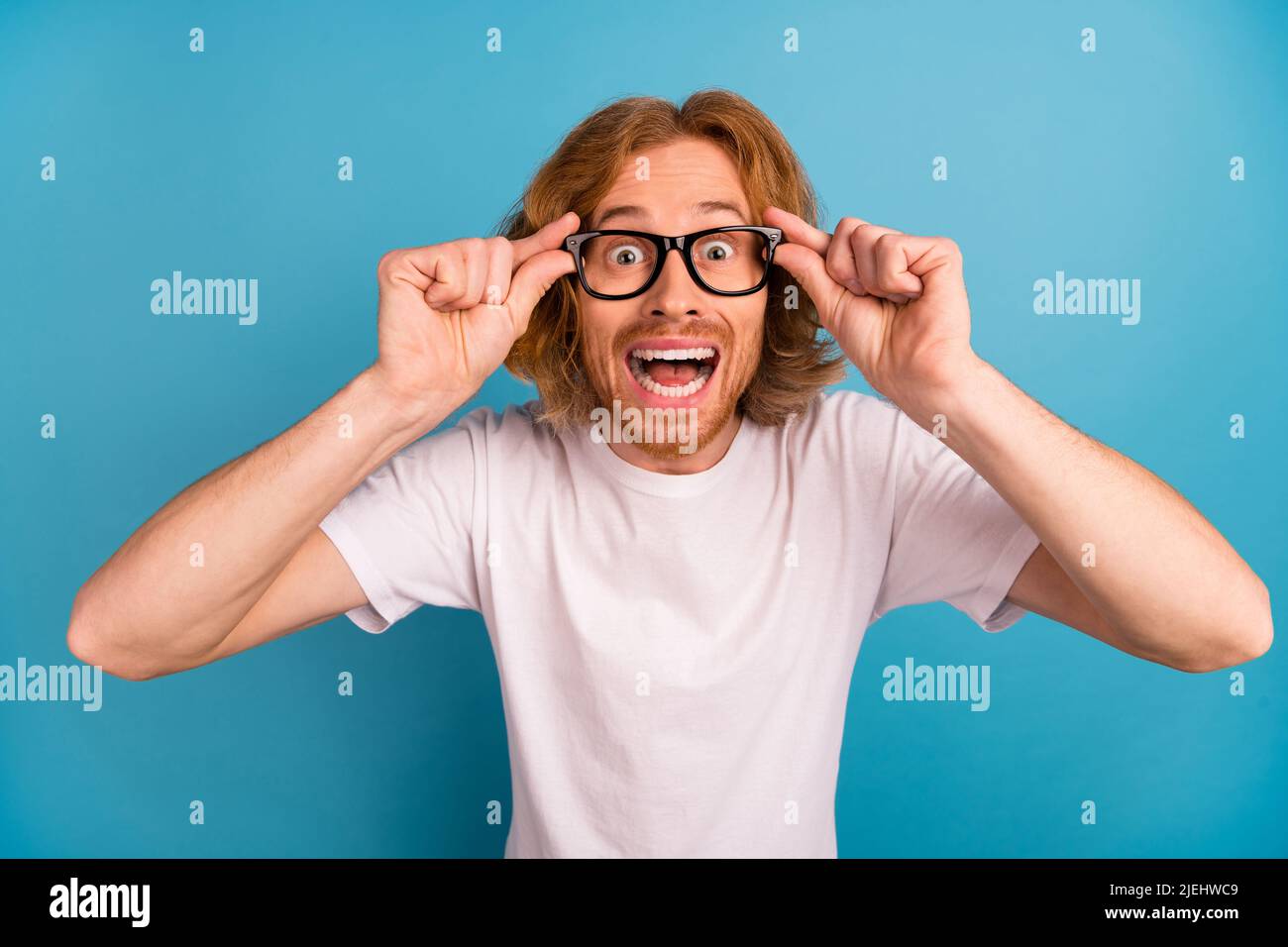 Portrait of impressed funky person arms touch glasses open mouth ...