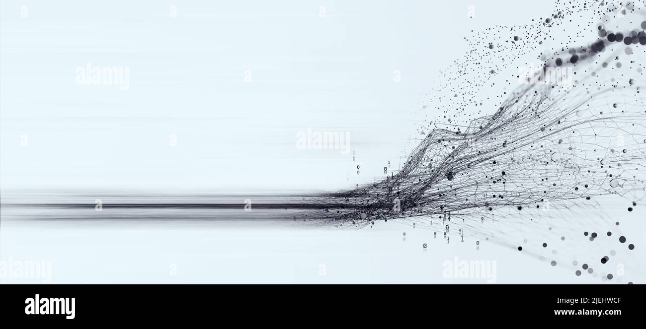 Data stream. Neural network 3D illustration. Big data and cybersecurity. Global database and ...