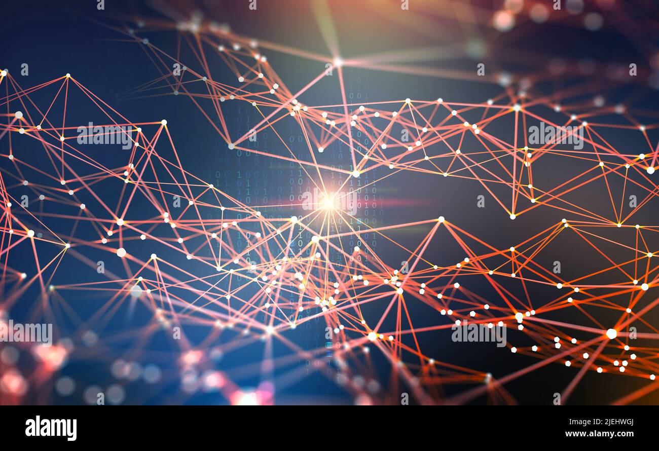 Global network. Blockchain 3D illustration. Neural networks and artificial intelligence. Concept ...