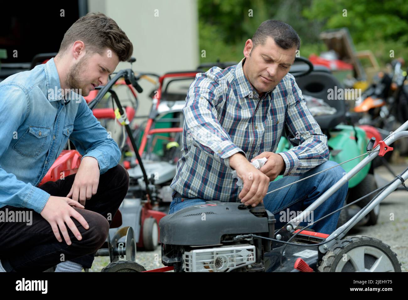 lawnmower mechanic checking oil levels Stock Photo - Alamy
