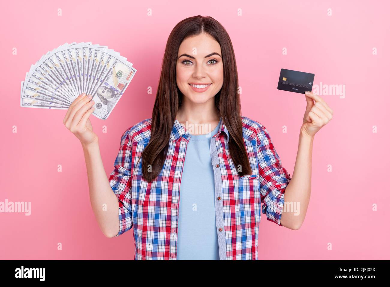 Photo of young attractive lady receive salary win money lottery using ...