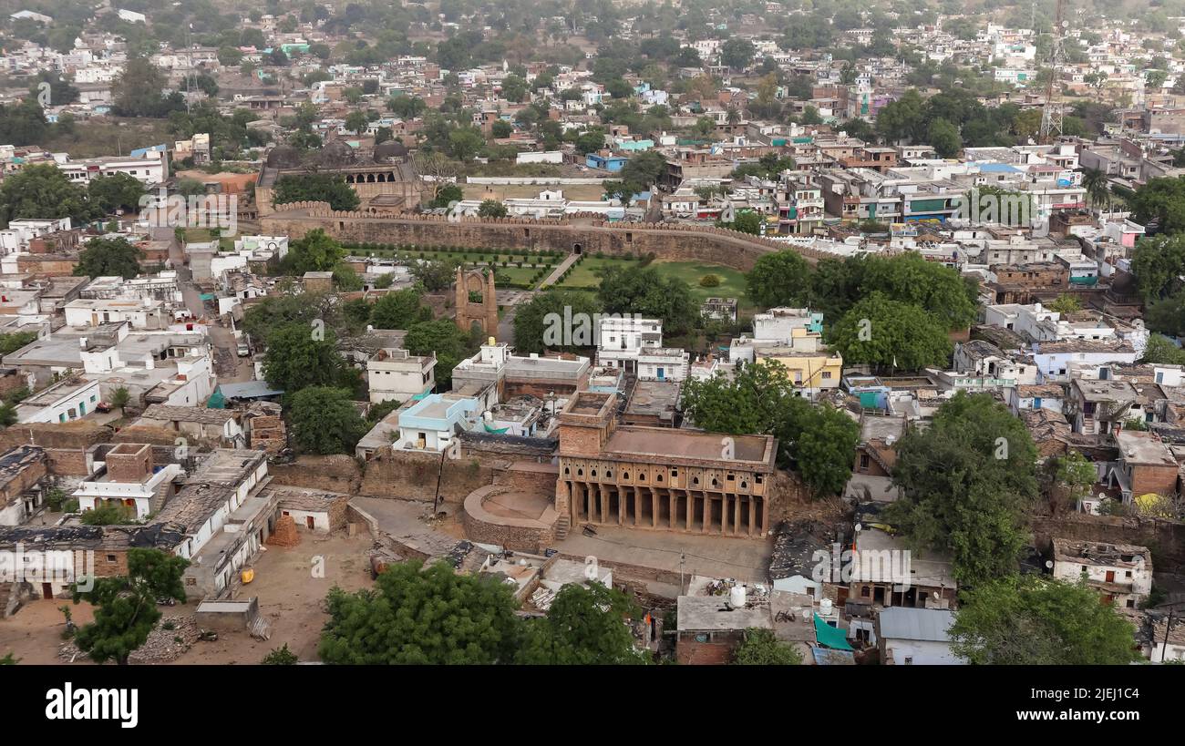 Aerial view of Badal Mahal and Chanderi town from the Chanderi fort ...